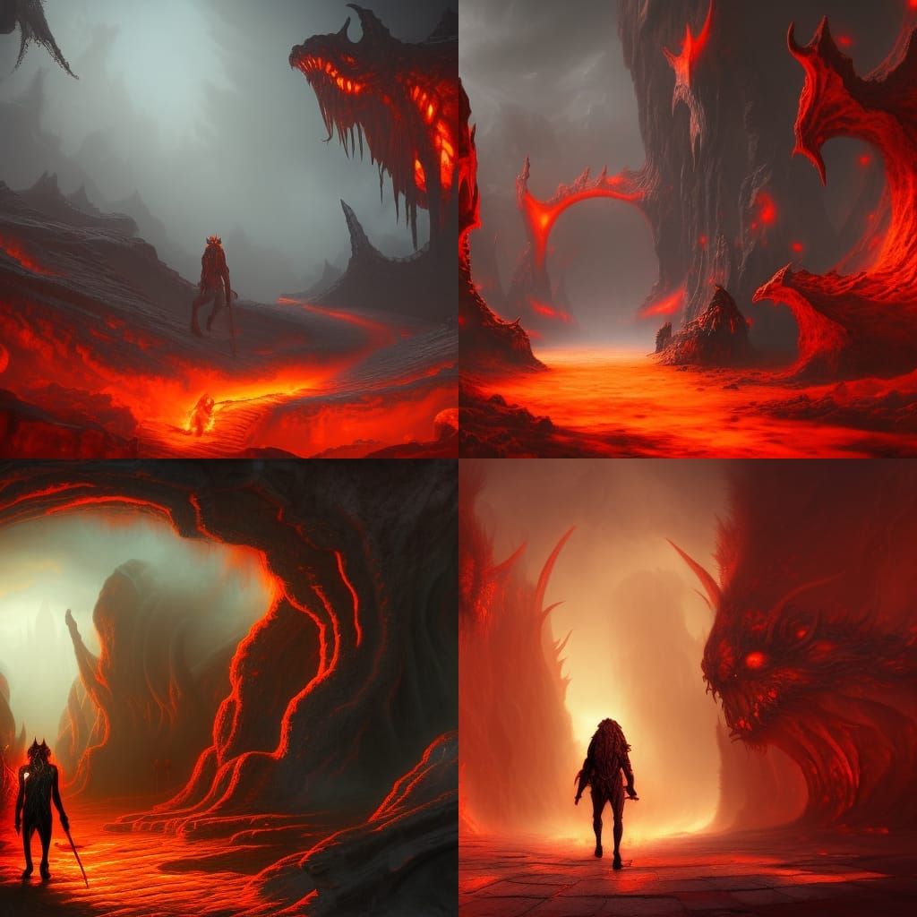 Demon walking towards the entrance to Hell, detailed matte painting ...