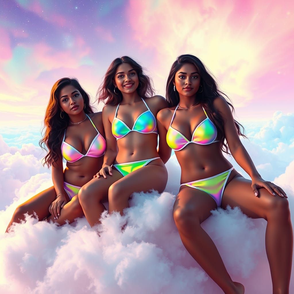 Iridescent Bikini Goddesses in Cosmic Cloudscape - AI Art