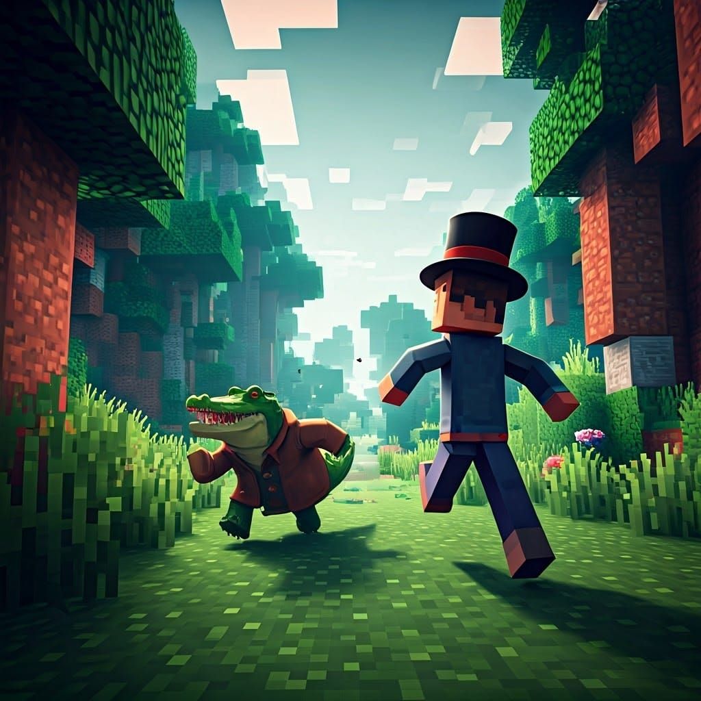 Blocky Boy and Crocodile Speed Through a Vibrant M... - AI Art