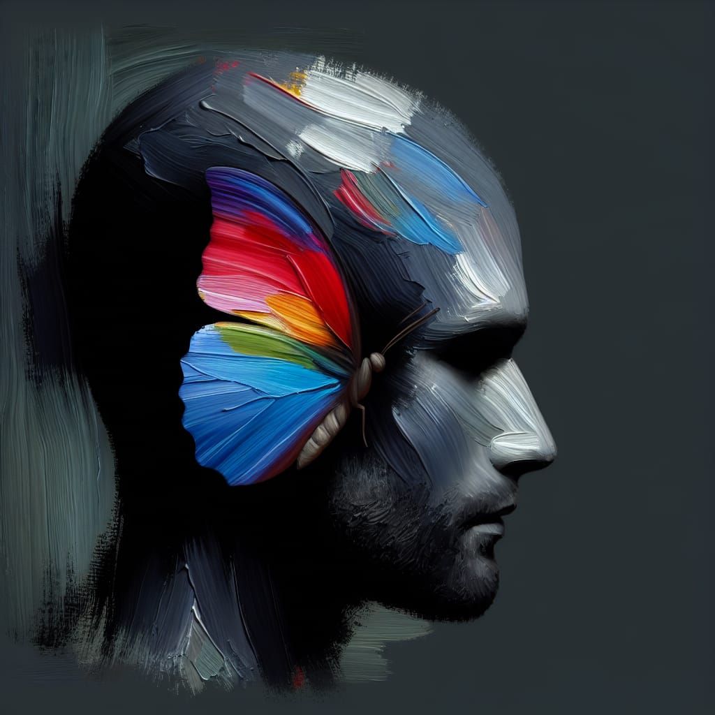 Dark Minimalistic Oil Painting of Man with Butterf... - AI Art