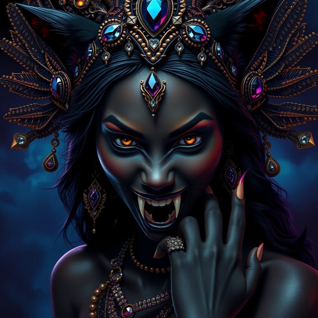Seductive African Vampire Goddess with Feline Feat... - AI Art