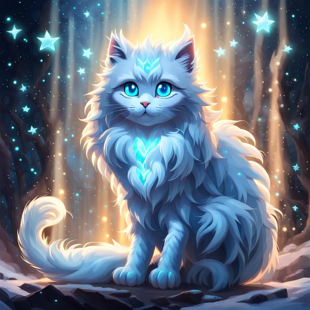 A cute ice kitty with ice powers. She has fluffy white and light blue ...