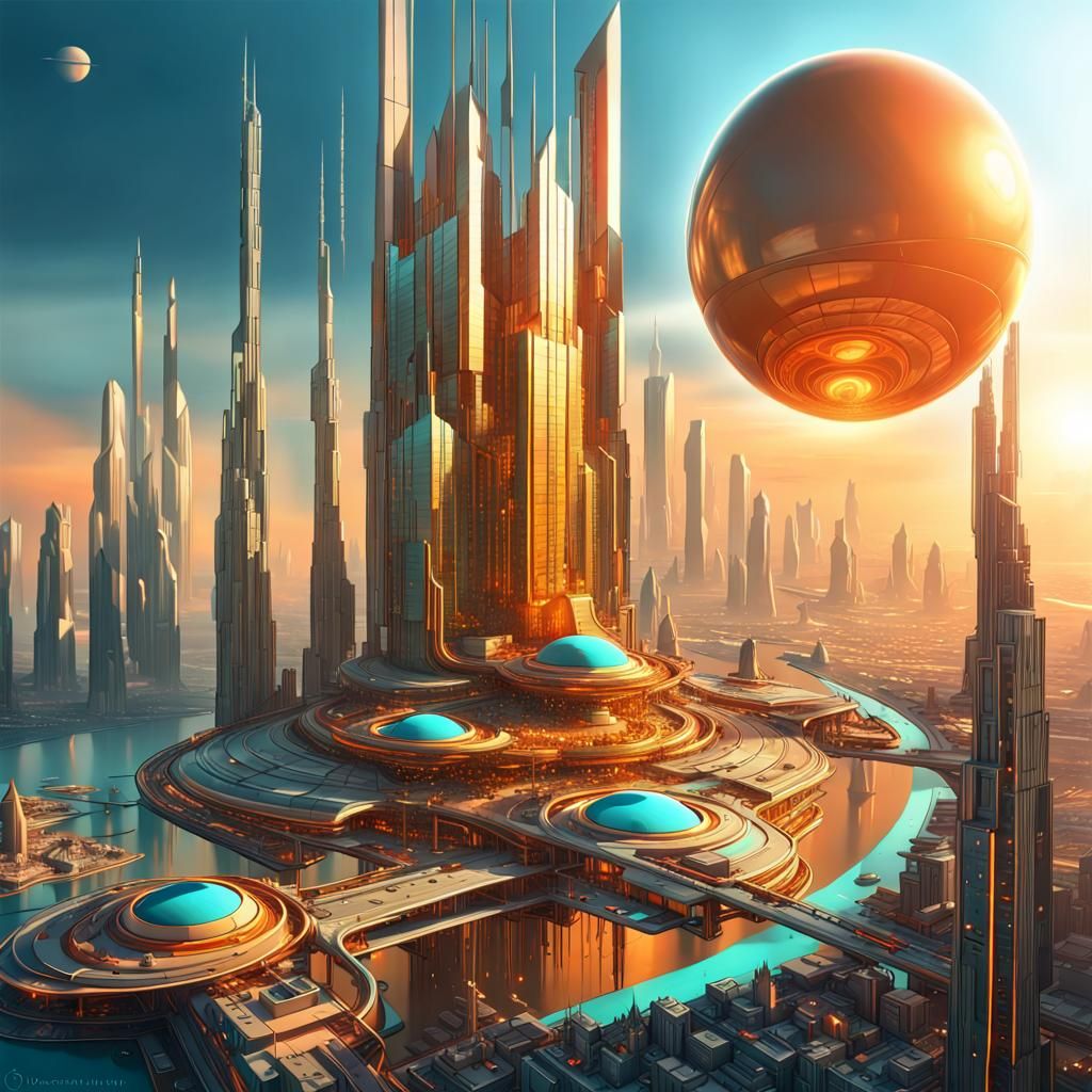 a futuristic city ( ( golden hour time ) ), unique landscape, highly ...