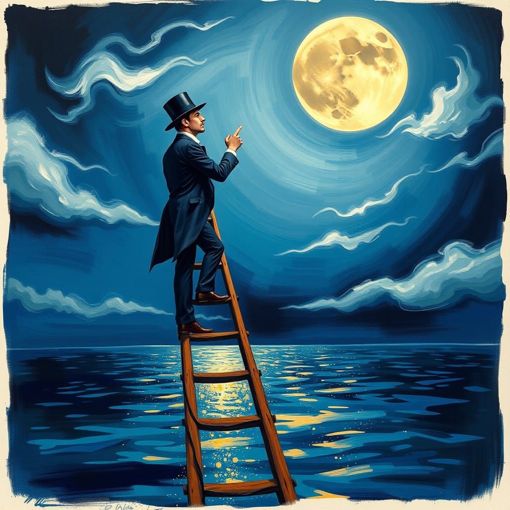 a man dressed in formal attire climbing a tall ladder reaching the moon.