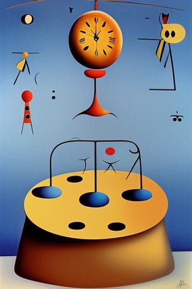 one clock melts inside one transparent hourglass, surreal by Joan Miro ...