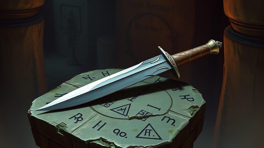 Mystical Dagger Rests on Ancient Pedestal in Dimly... - AI Art