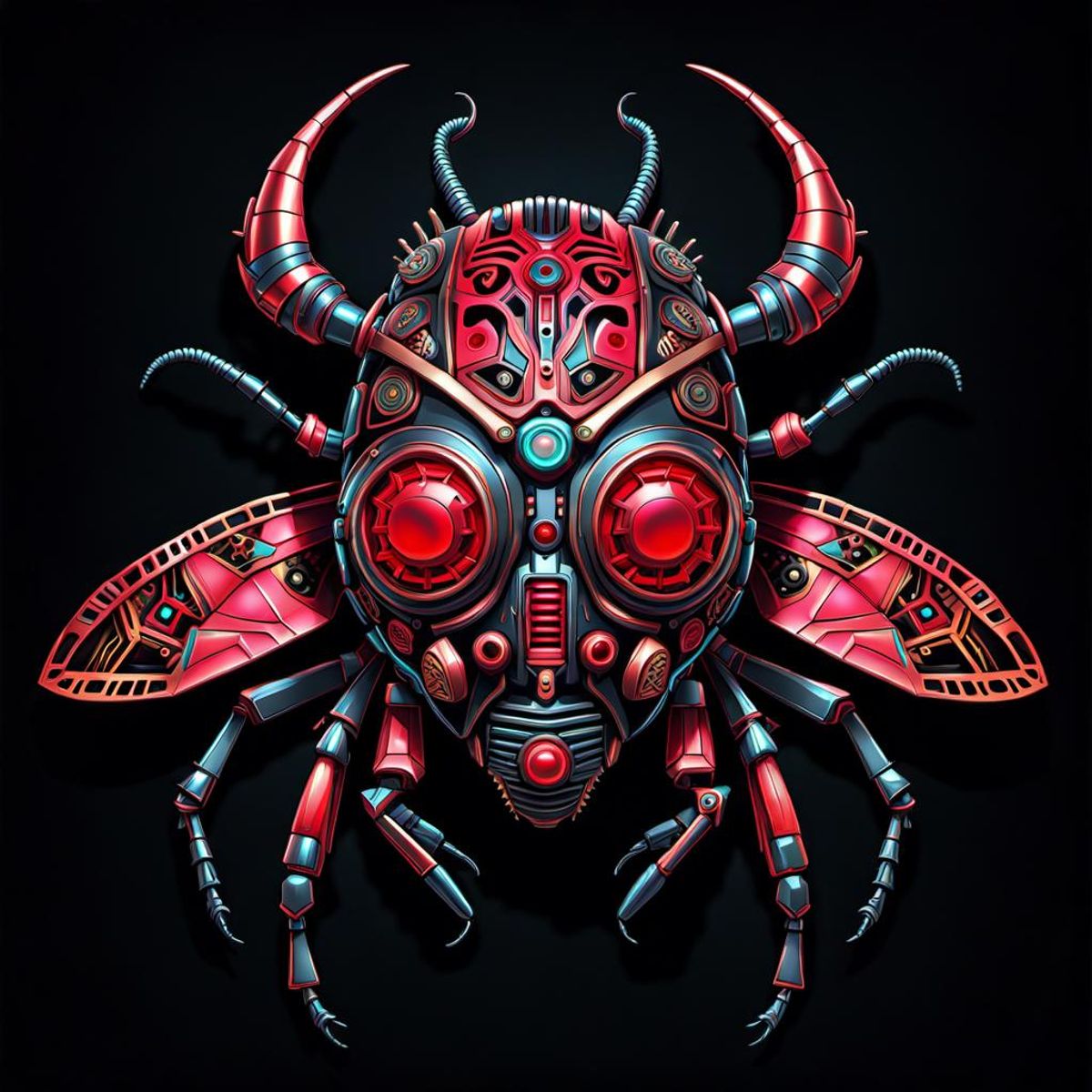 A neon-red mechanical bug on a black background, Aztec patterns ...