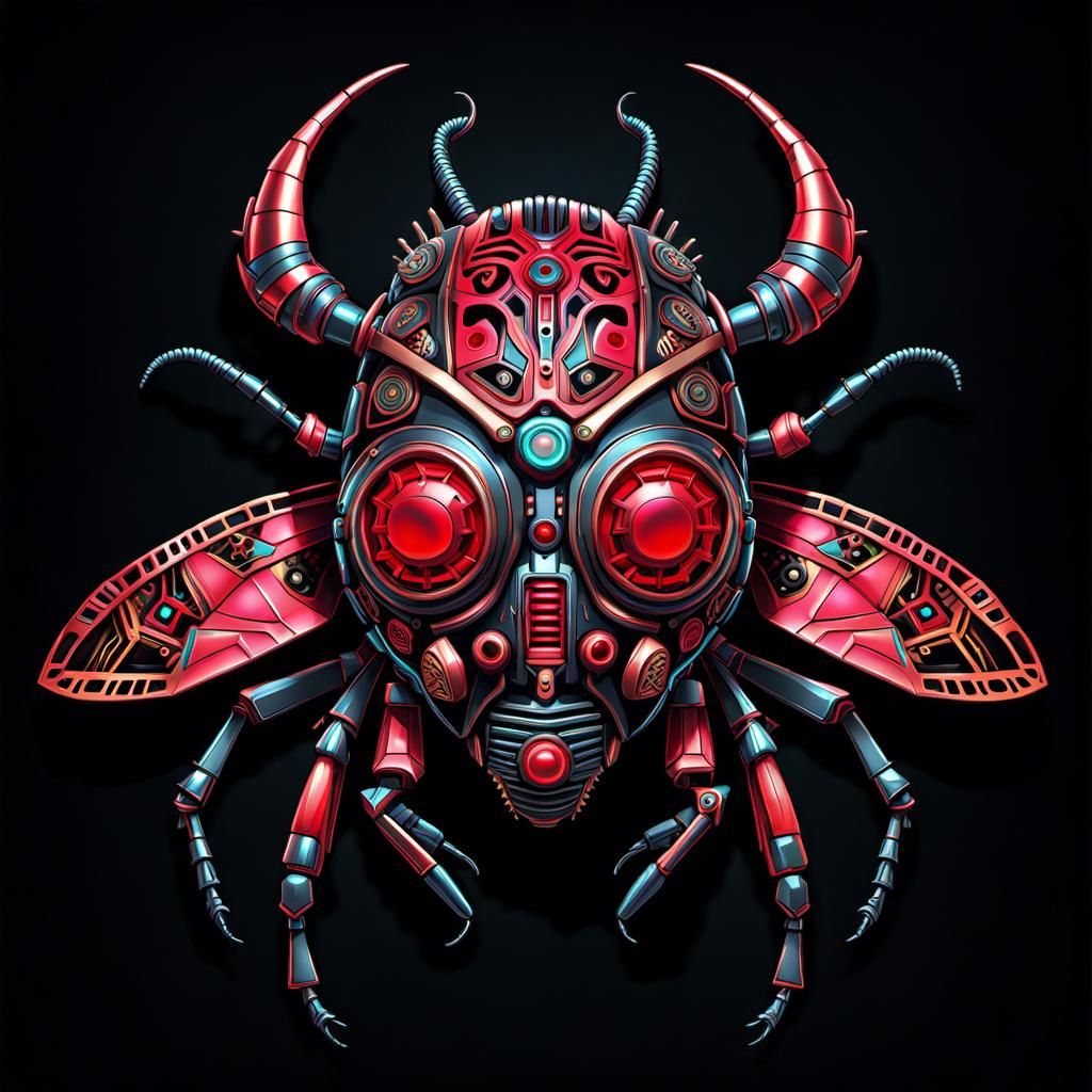 A neon-red mechanical bug on a black background, Aztec patterns ...