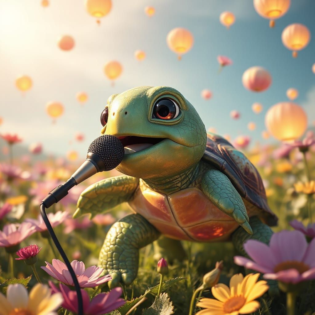 a singing turtle - Joyful Singing Turtle in a Ghibli-esque M...