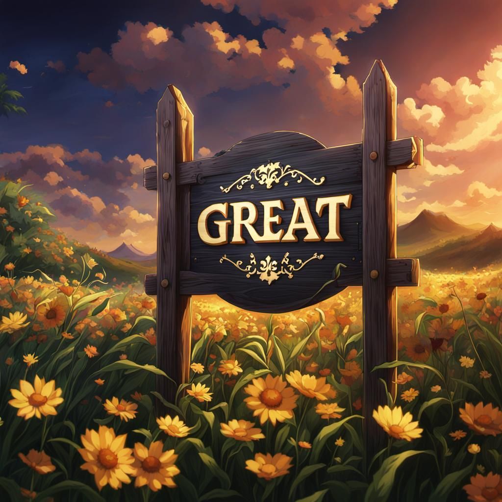 A wooden sign that says: "Great!", by artist "anime", Anime Key Visual ...
