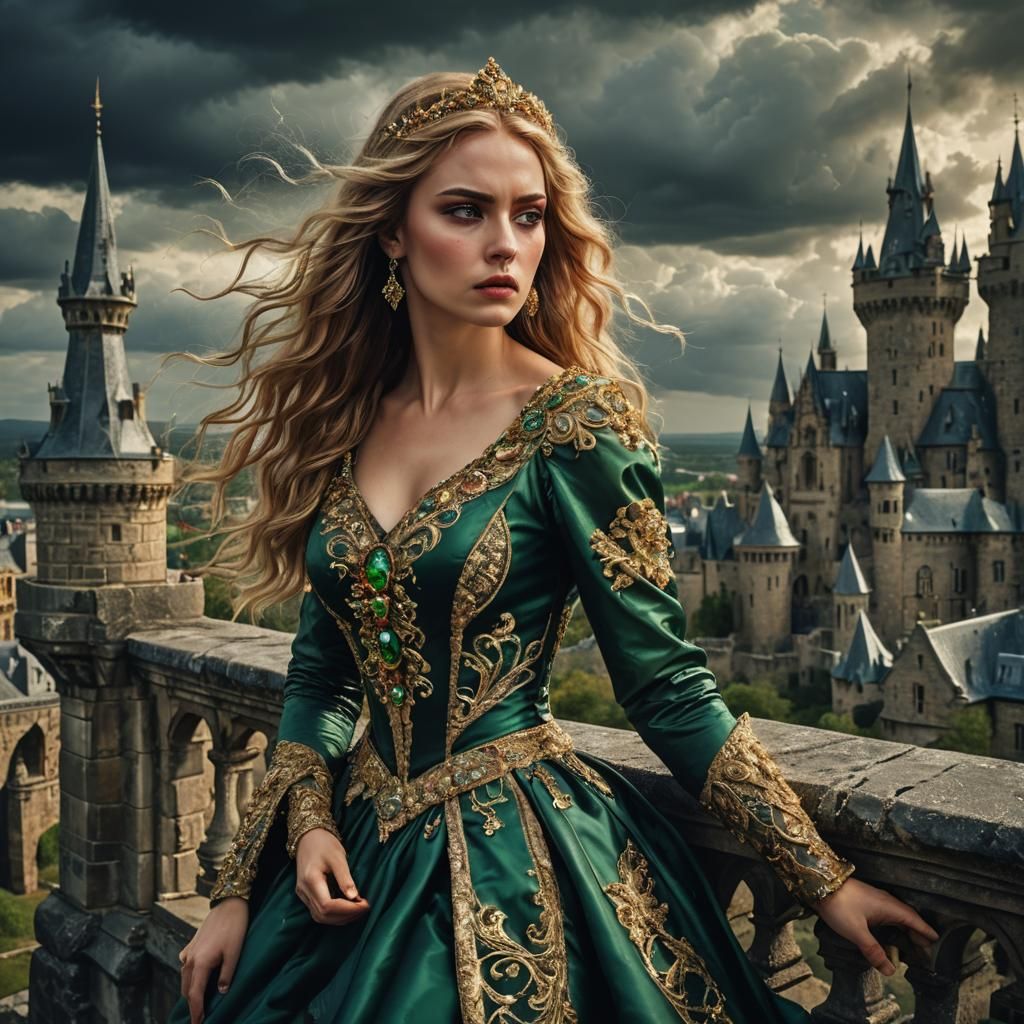 beautiful lovely young woman standing on a castle parapet wearing an ...