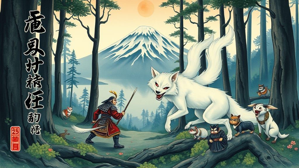 Majestic KITSUNE Battles Samurai in Mystical Japan... - AI Art