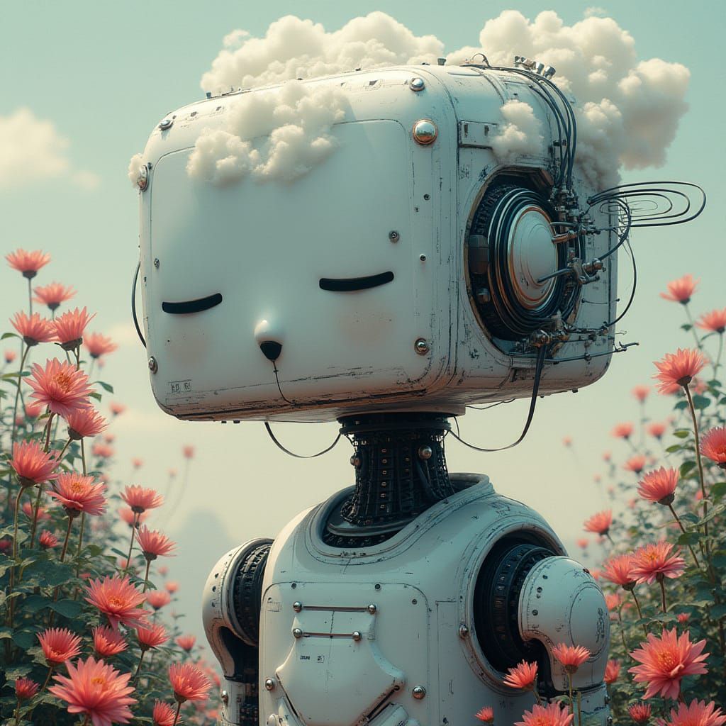 A cyberpunk portrait features a cube headed robot with tiny flat nose ...