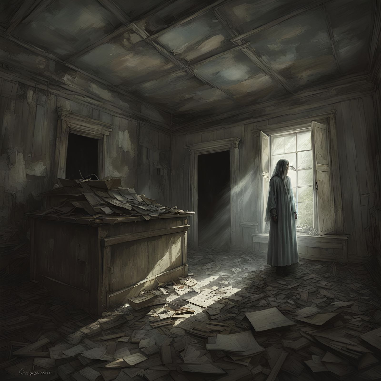 female ethereal apparition materializing in an old abandoned house - AI ...