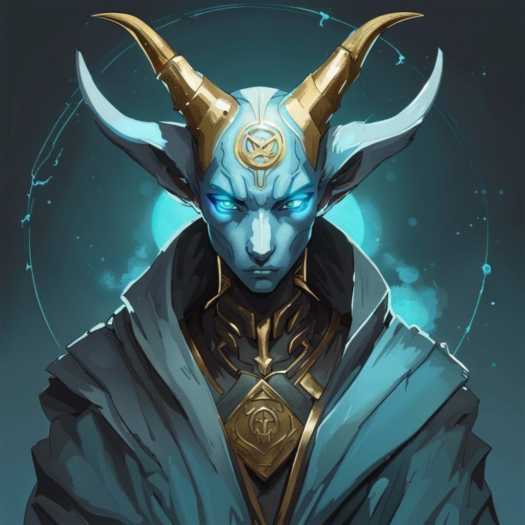 dystopian, cyberpunk, dark academia. Pious look, two horns on head ...