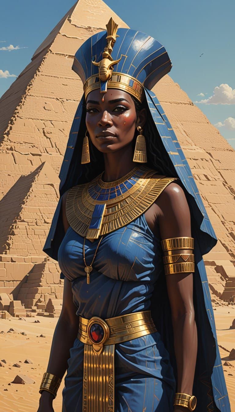 The ancient Egyptian Queen seen sitting with the Great Pyramid of Giza