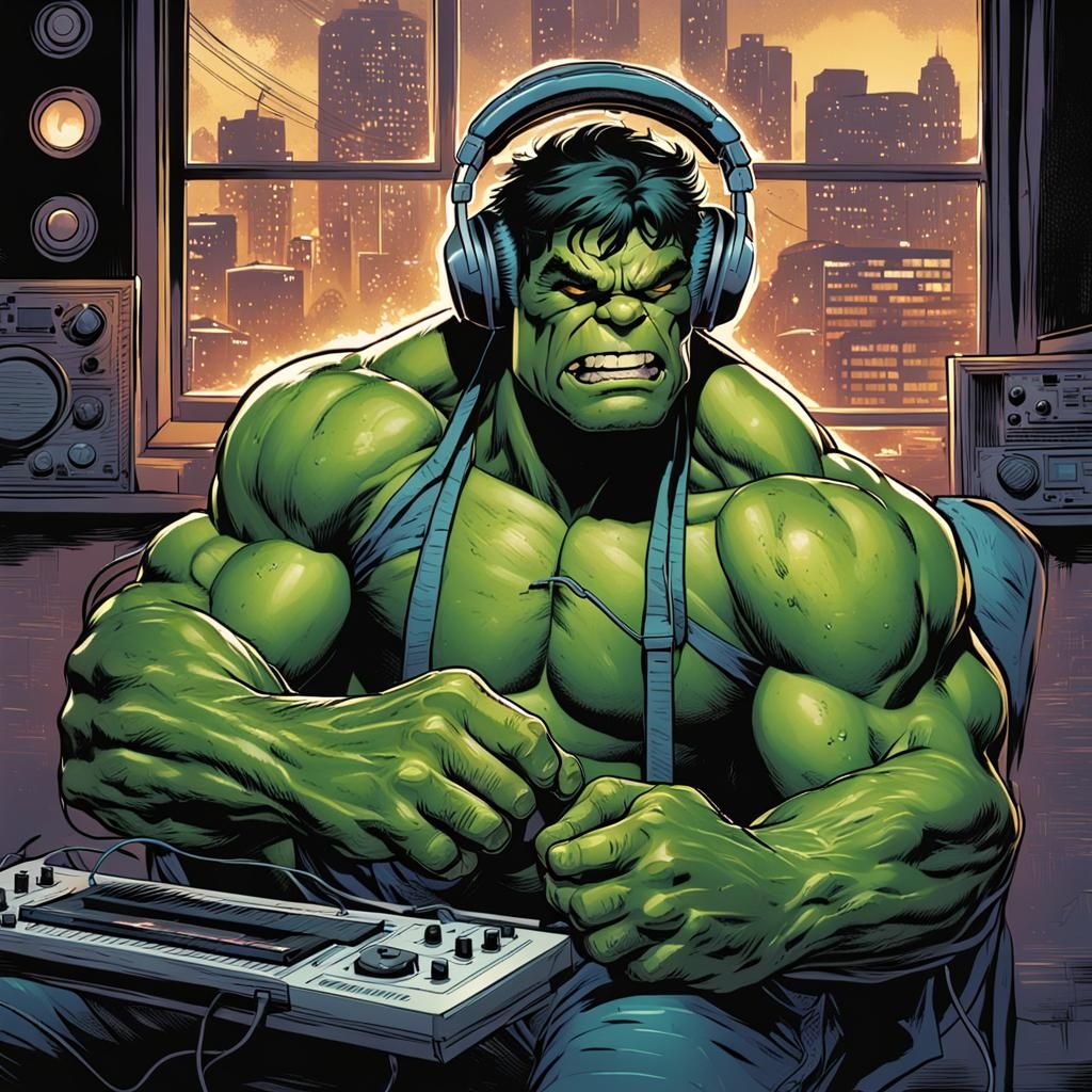 Hulk listening to music with headphones on - AI Generated Artwork ...