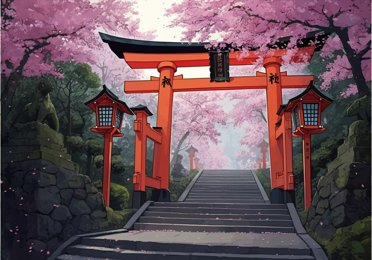 Tori gate and cherry blossom - Majestic Torii Gate Amidst C...