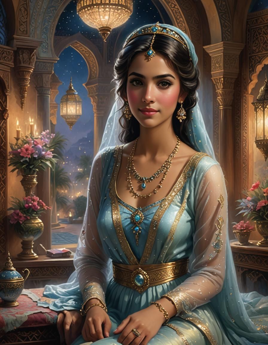 A beautiful Arab princess in Her room in a palace at night, Shy smile ...