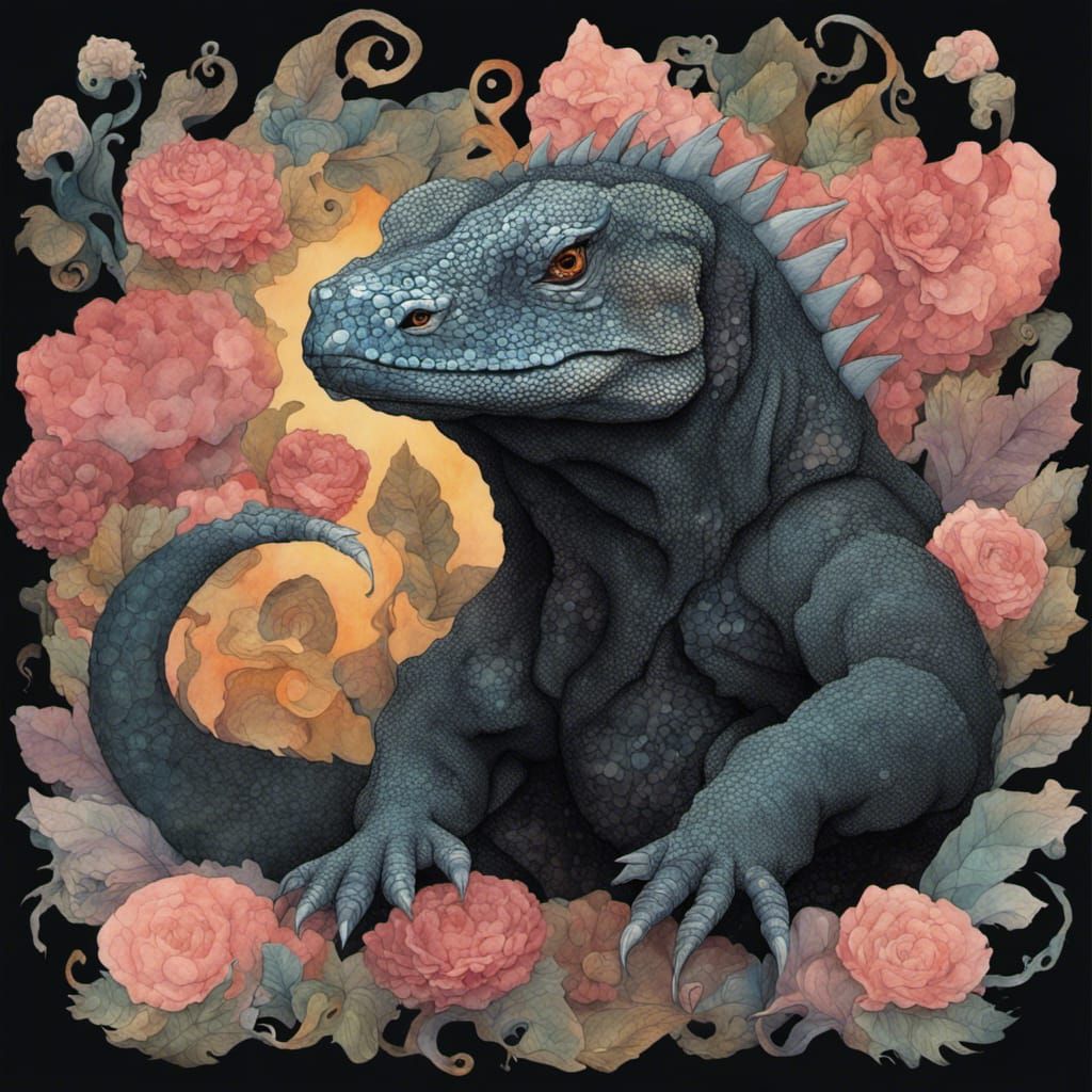 Komodo dragon in a whimsical atmosphere; Jellyhead, a female punk ...