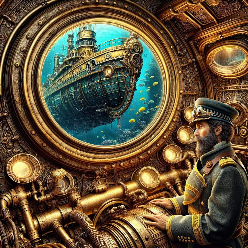 Captain Nemo inside the Nautilus submarine peering through a porthole looking at the deep sea ...