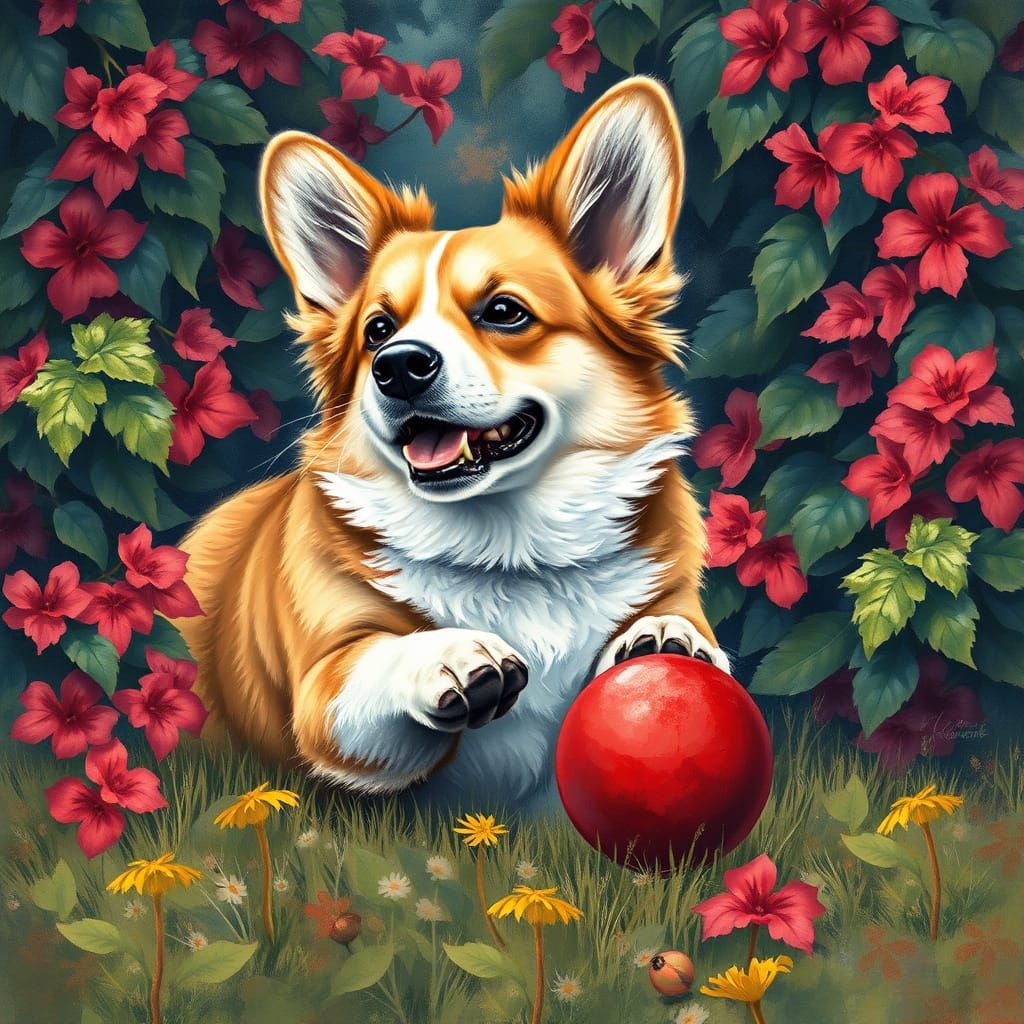 Majestic Corgi Plays Fetch in Lush Impressionist L... - AI Art