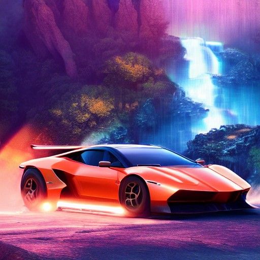 Beautiful Super cars on the side of mountain with a waterfall cyberpunk ...