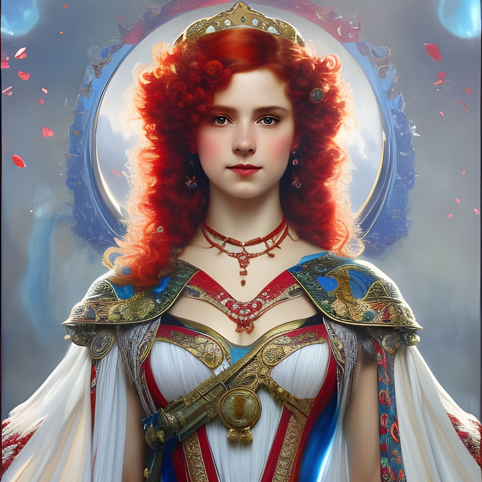 Closeup of gorgeous Princess Rose Red, red curls, vivid blue dress, 8k resolution concept art ...
