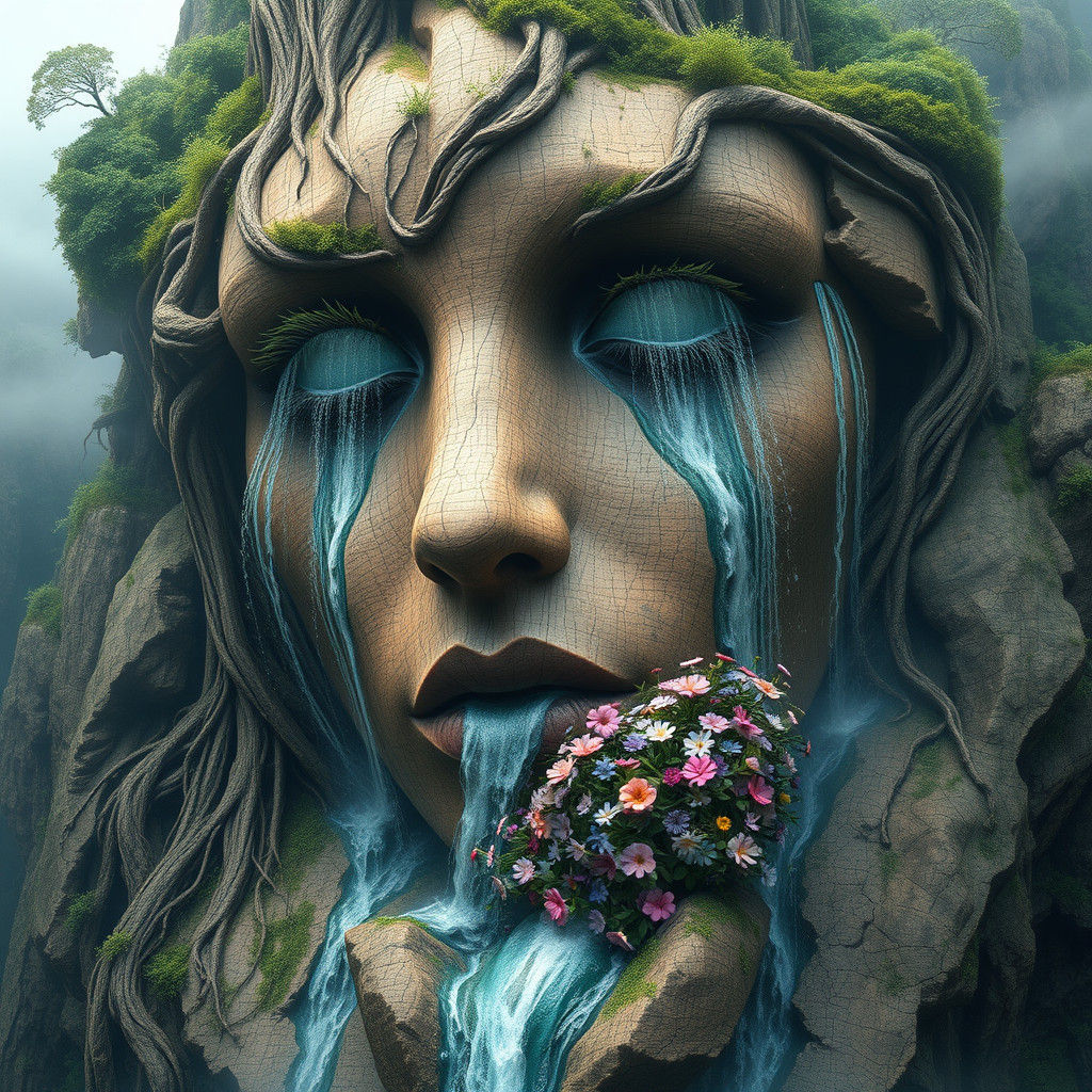 face woman made From mountain that overflows waterfalls from her eyes ...