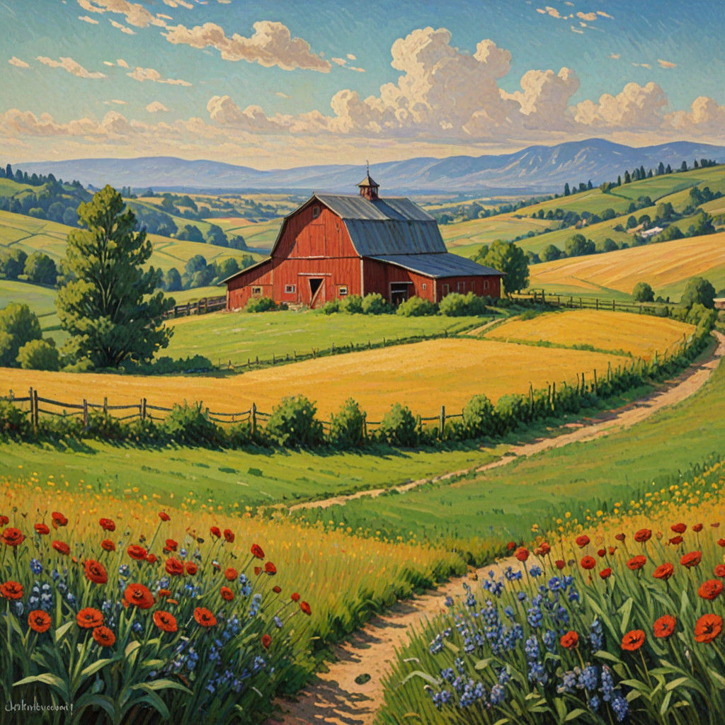farm - Idyllic Rural Scene with Red Barn in Golden Light