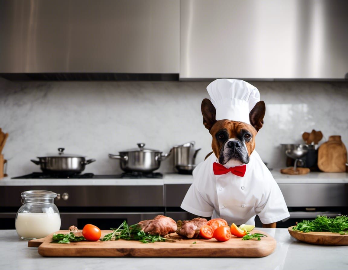 as a cook Pretty dog cooking in a modern kitchen white cook hat ...