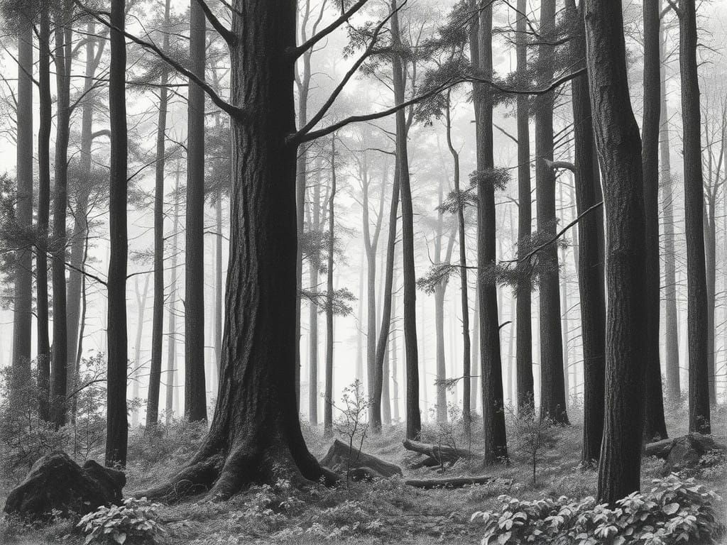 Dense Forest Scene in Hyper-Realistic Charcoal Dra... - AI Art