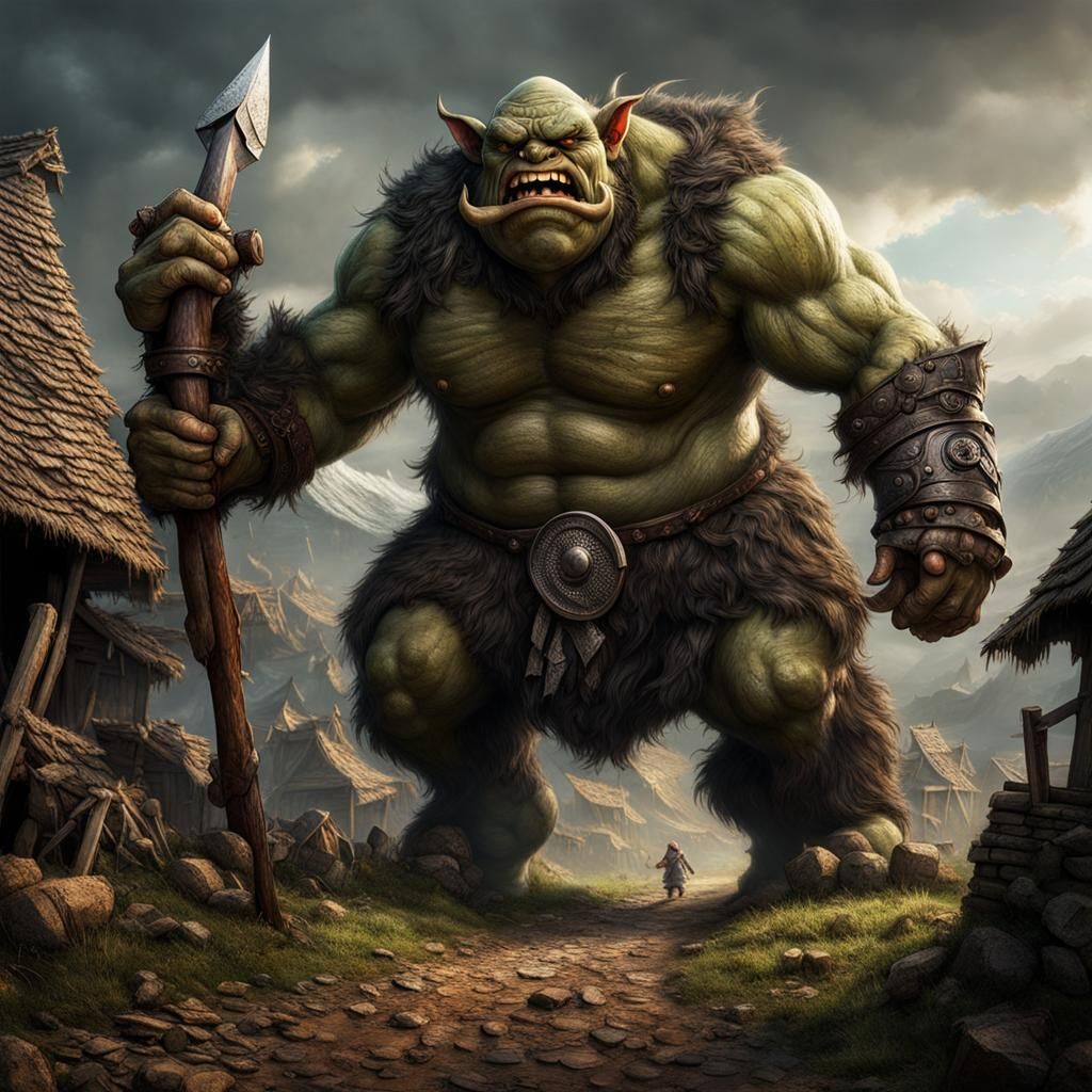 Ugly Giant Ogre, rampaging through village, near a dozen peasants - AI ...