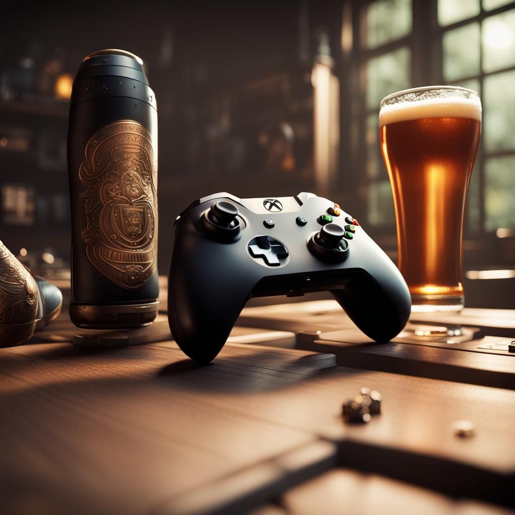 Xbox One game console, fat gaming bearded cool nerd, drinking beers and ...