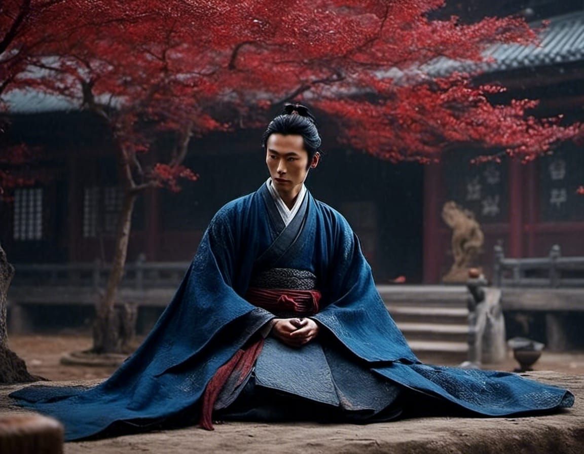he sits in the mansion courtyard under the haitang tree. - AI Generated ...