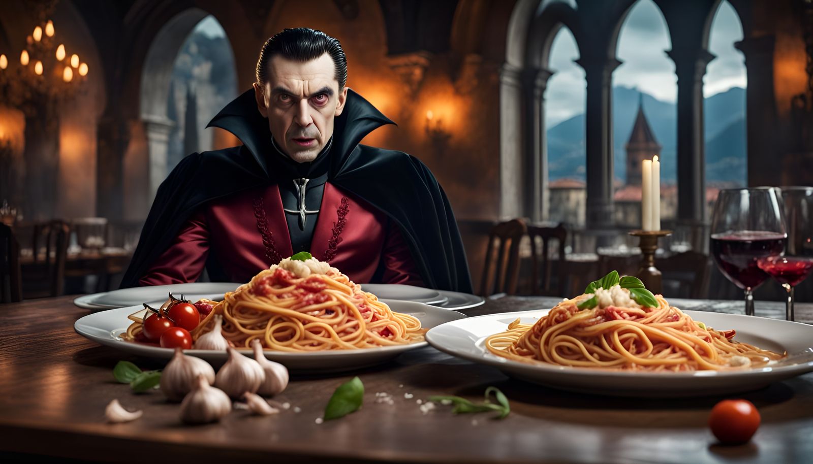Dracula eating Spagetti with garlic in italian restaurant - AI ...