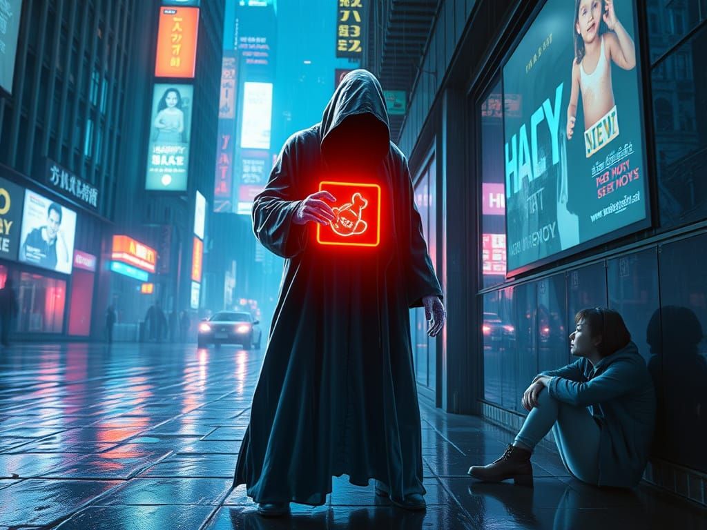 Cinematic film still in the neon-noir style of Blade Runner 2049. In a rain-slicked, futuristic ...