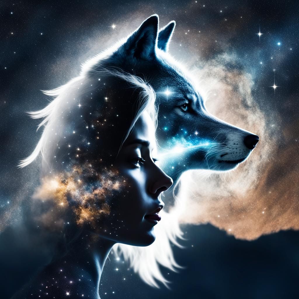 double exposure of a wolf with the Galactic Silhouette of a Woman ...