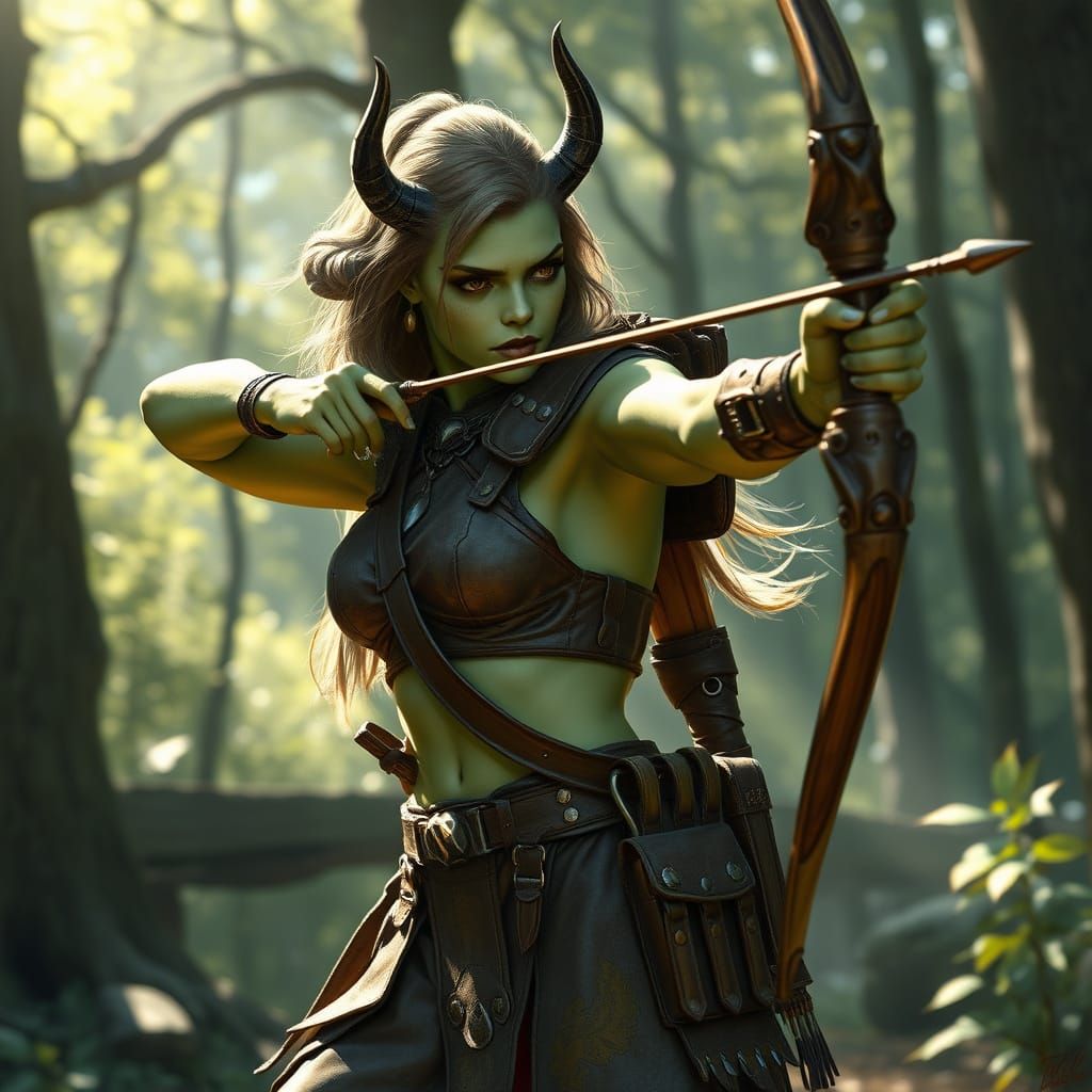Half-Orc Archer in Forest, Realistic Fantasy Art - AI Art
