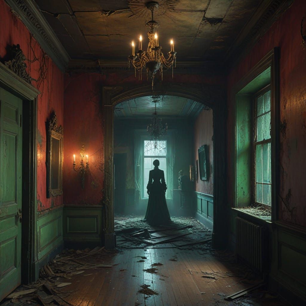 In the decrepit, Victorian mansion's depths, a ghostly, ethereal shadow ...
