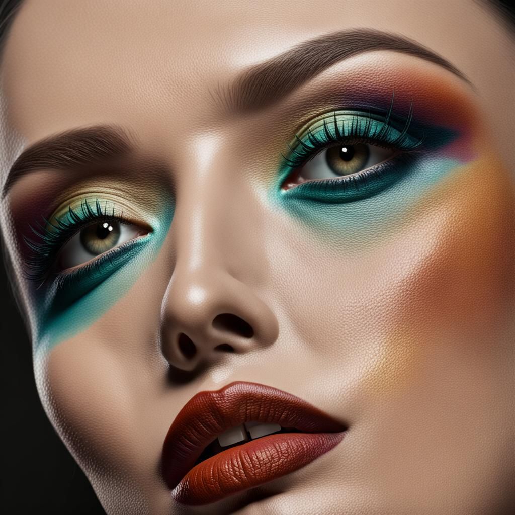 photo realistic, close up of young female face, heavy coloured make up ...