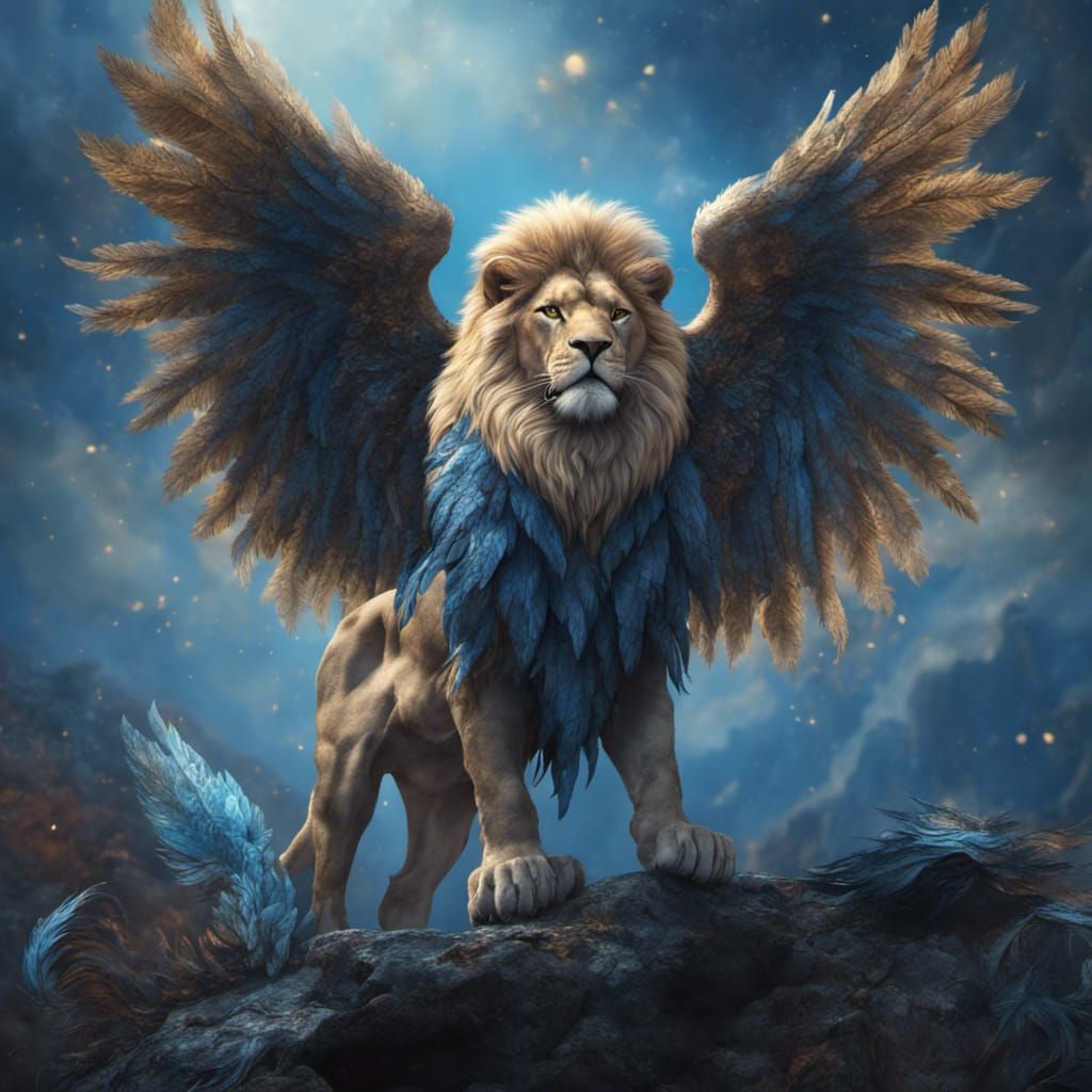 Feathery blue majestic lion with wings. - AI Generated Artwork ...