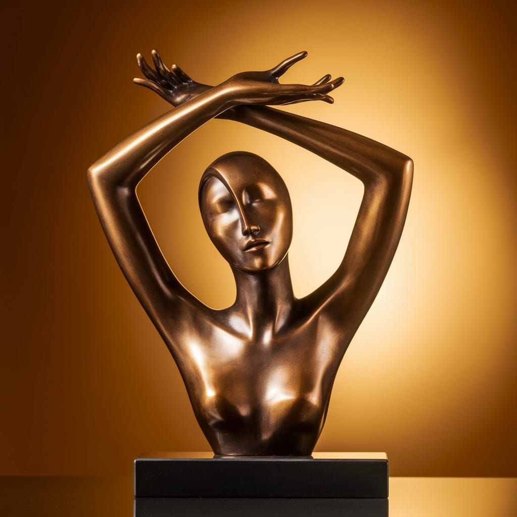 a captivating bronze sculpture of a stylized human figure, with a focus ...
