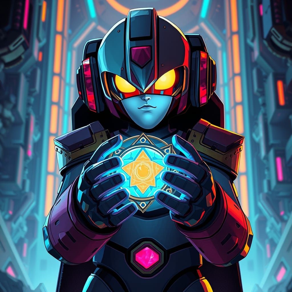 Mega Man Holds Cyberpunk Talisman in Neon-Lit Futu... - AI Art