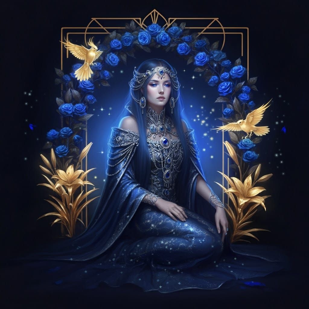 Sorceress in Midnight Blue and Silver Robes Amidst... - AI Art