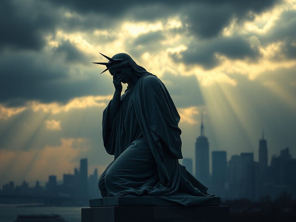 (Masterpiece Monday)Majestic Statue of Liberty kneeling with head bowed ...