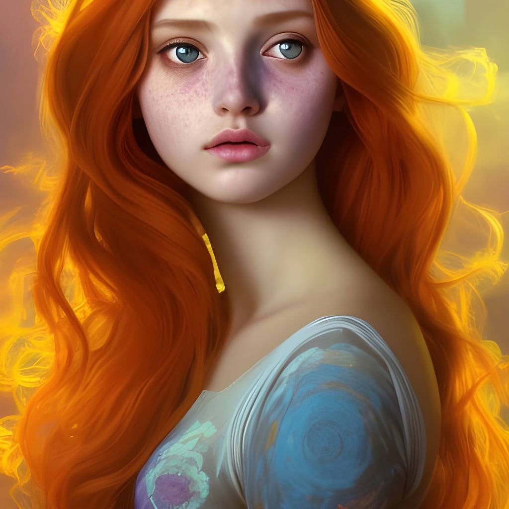 girl, freckles, big doe eyes, full lips, fiery locks of long hair ...