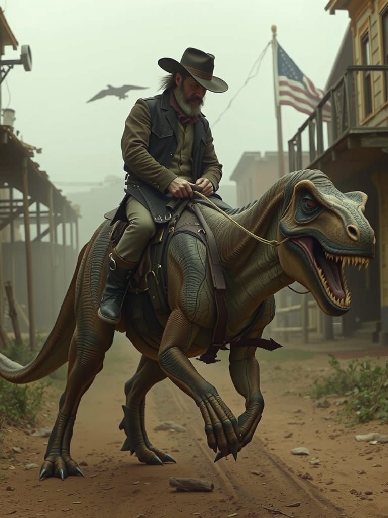 Victorian Cowboy Rides T-Rex Through Deserted Wild... - AI Art