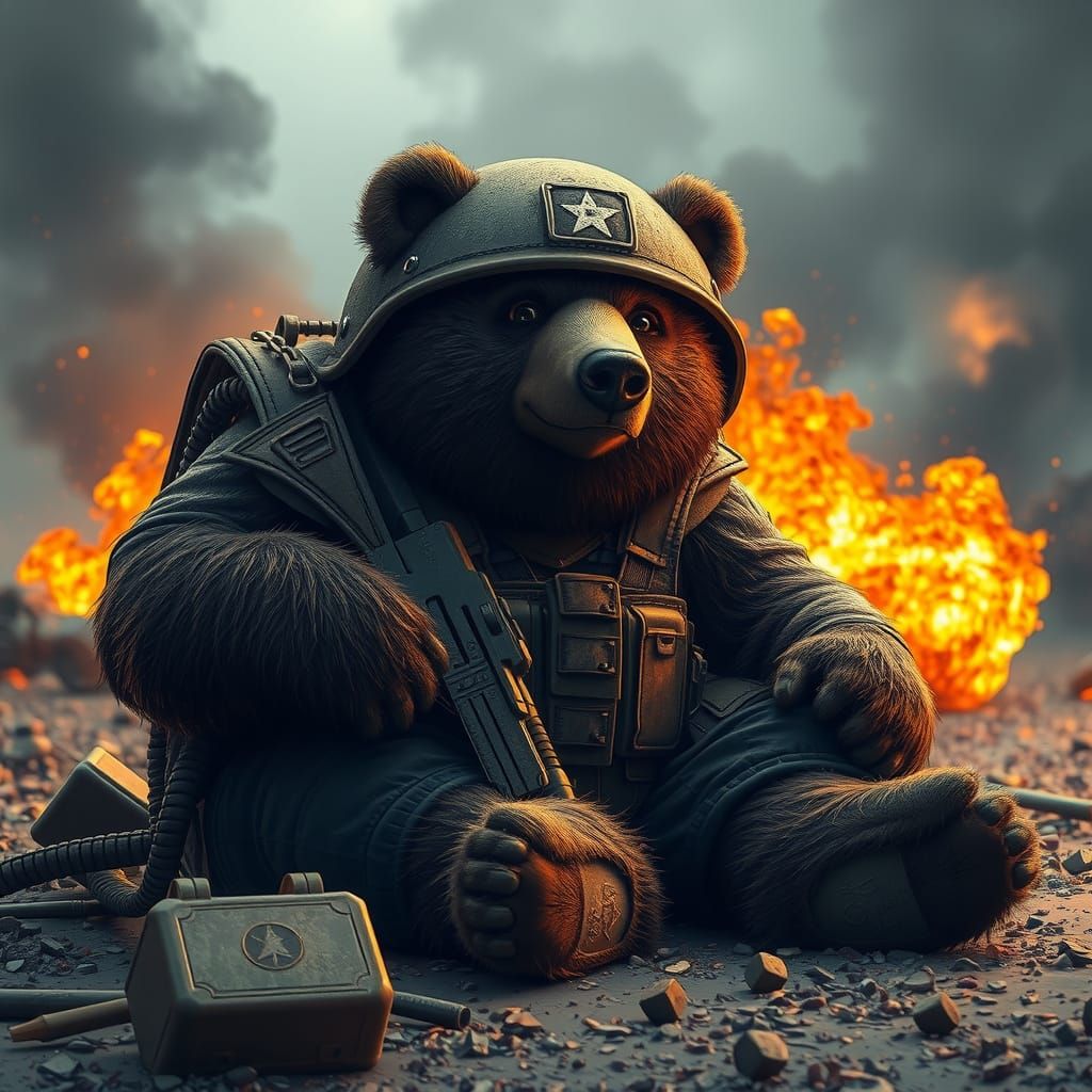 War-Torn Landscape with a Commando Bear - AI Art