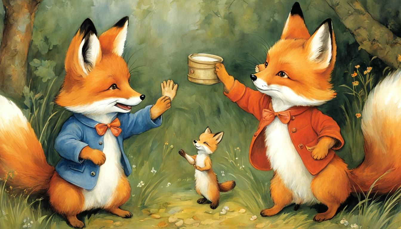painting of two happy fox-friends doing a high-five by Beatrix Potter ...